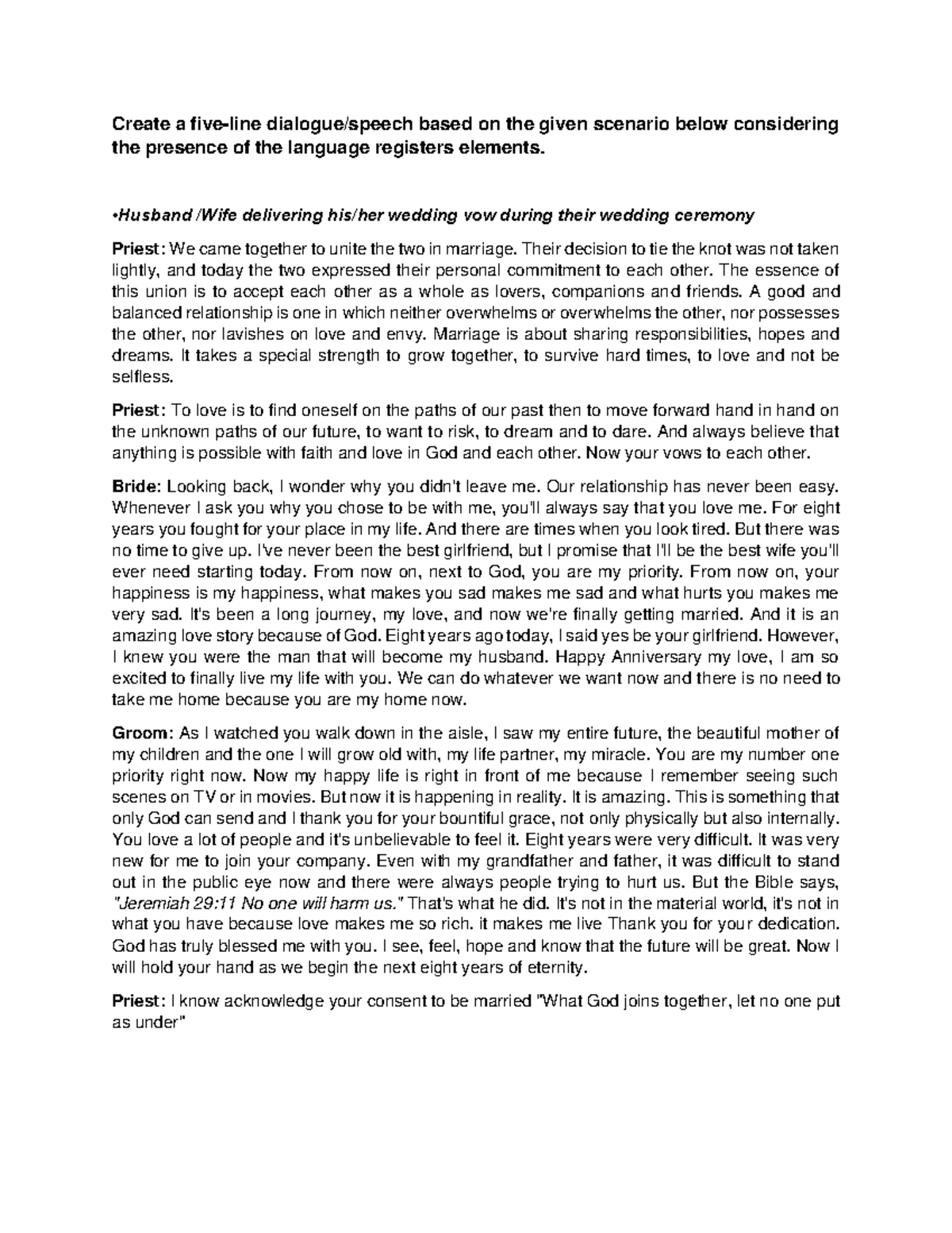 WEEK8- Tampos - Assignment. - Create a five-line dialogue/speech based ...