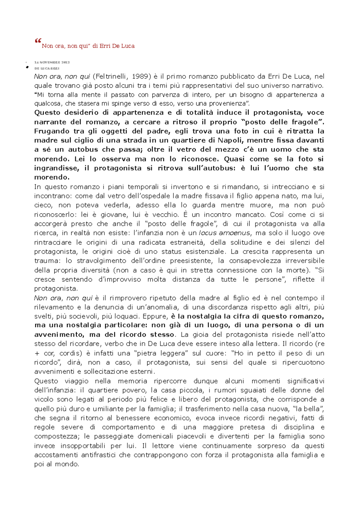 Non ora, non qui - Testi moderni - “Non ora, non qui” di Erri De Luca ...