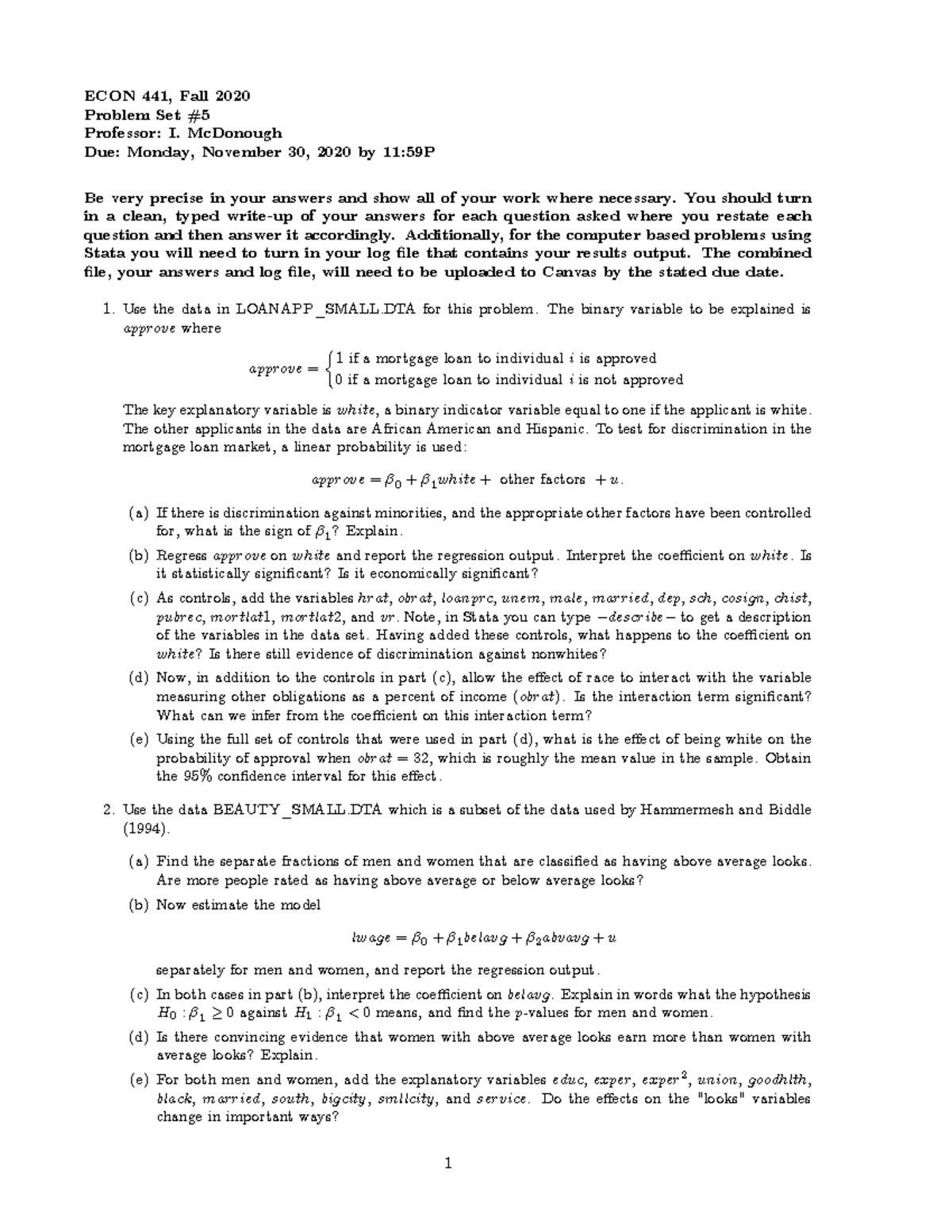 Problem Set #5 - ECON 441, Fall 2020 Problem Set Professor: I ...