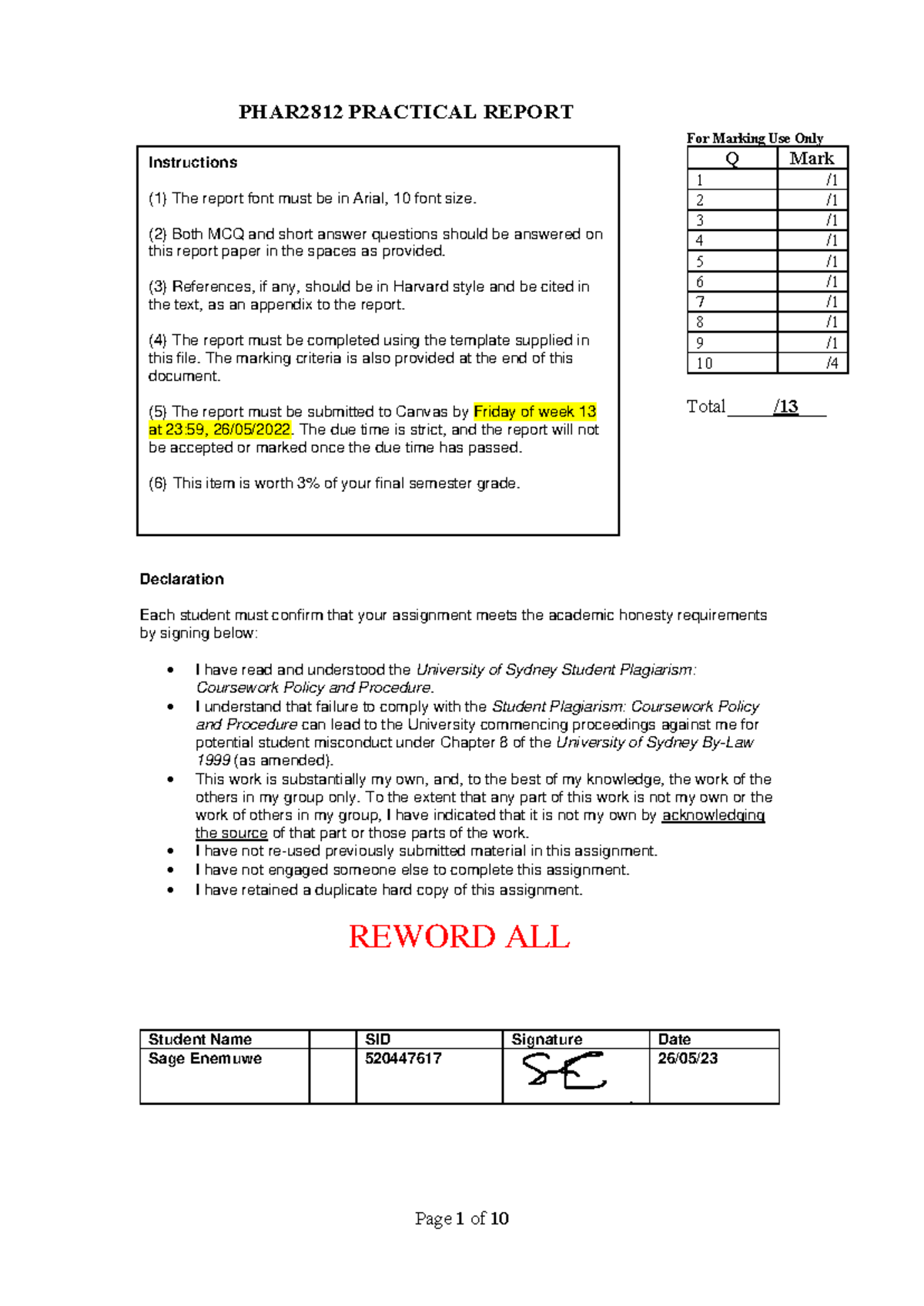 230426 prac report template - PHAR2812 PRACTICAL REPORT Declaration ...