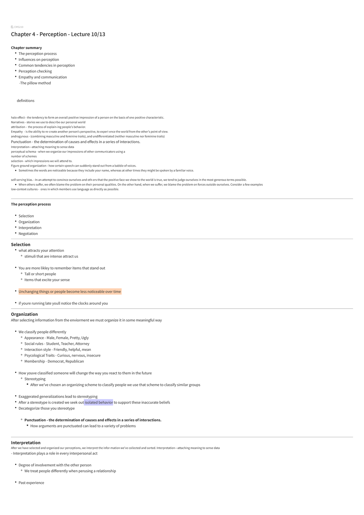 CMS210 chapter 4 note - CMS Chapter 4 - Perception - Lecture 10 ...