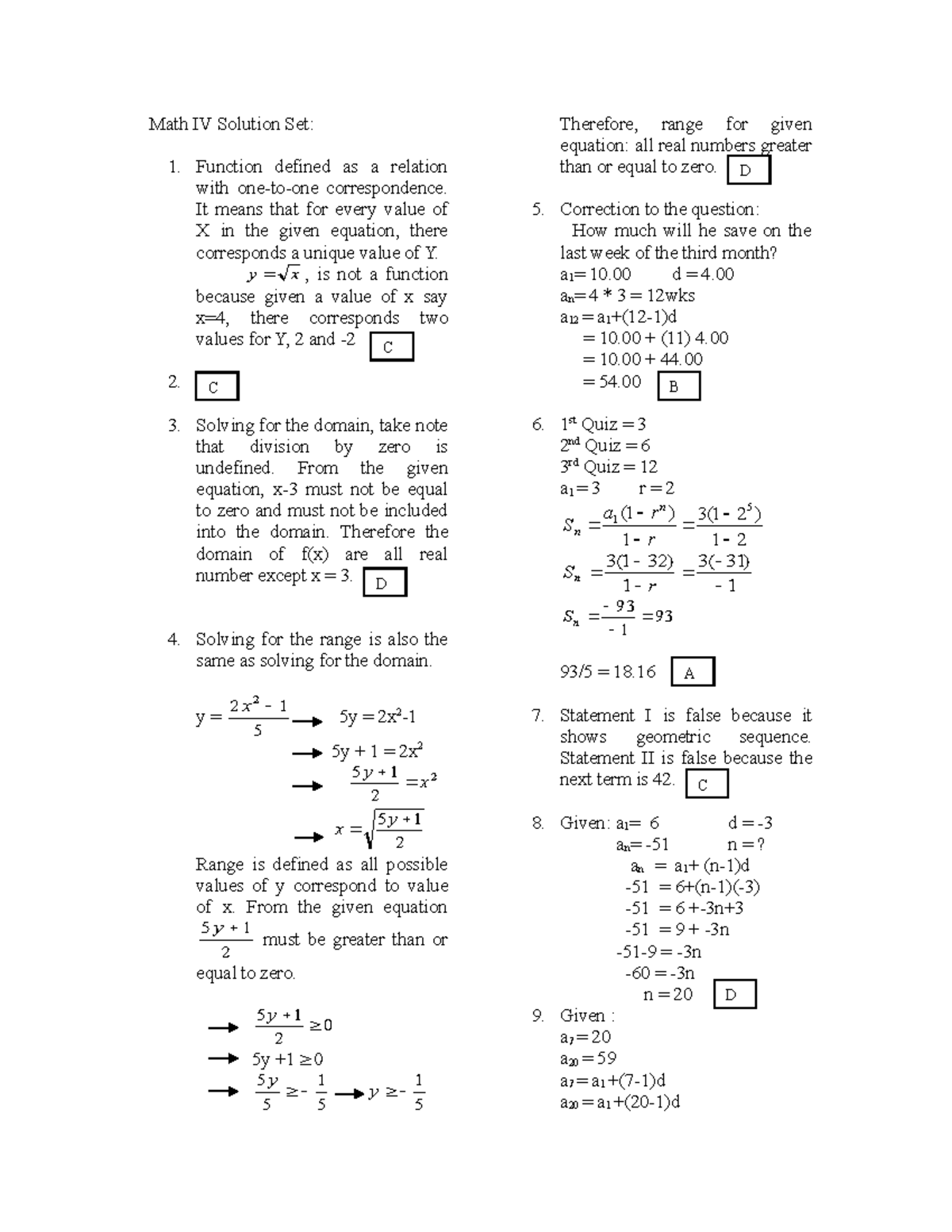 Math - math - Math IV Solution Set: Function defined as a relation with ...