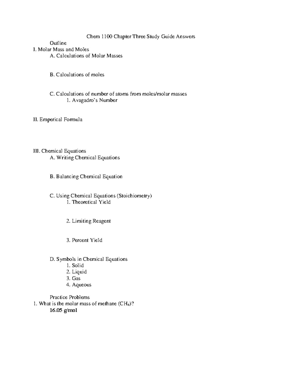 Chem 1100 study guide answers ch 3 - Chem 1100 Chapter Three Study ...