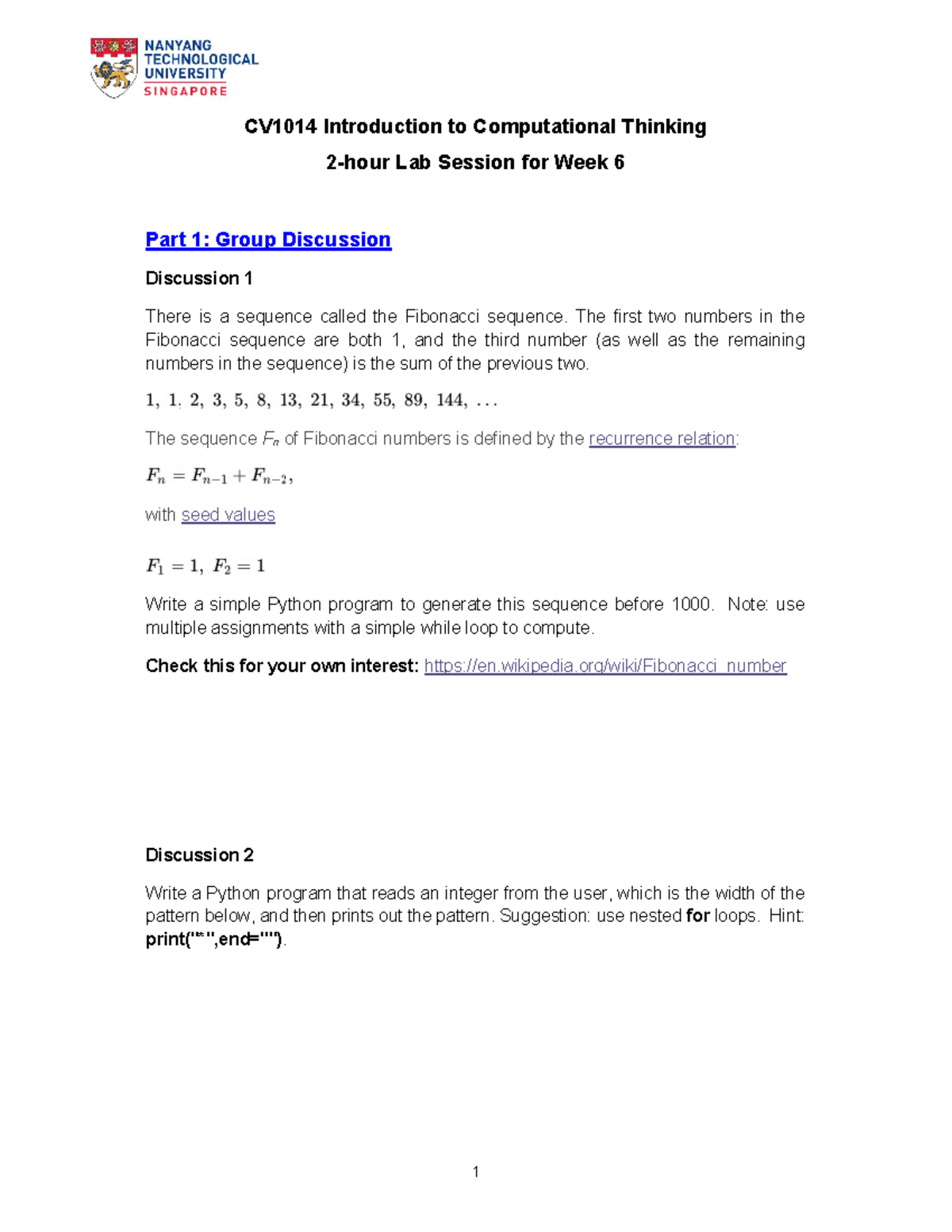 Week 6 Lab Session Questions - CV1014 Introduction to Computational Thinking 2-hour Lab Session ...