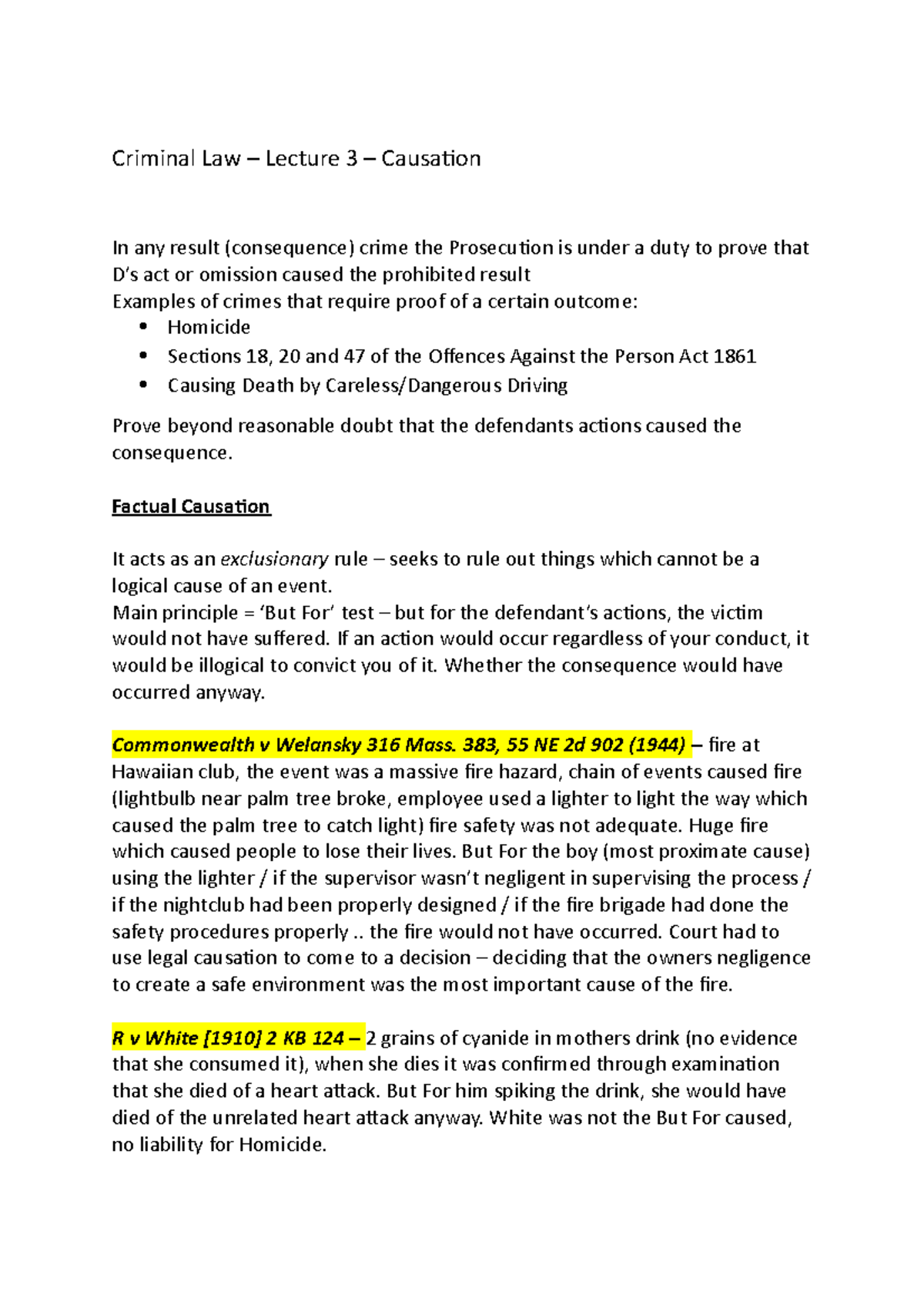 Criminal Law Lecture 3 Causation Criminal Law Lecture 3