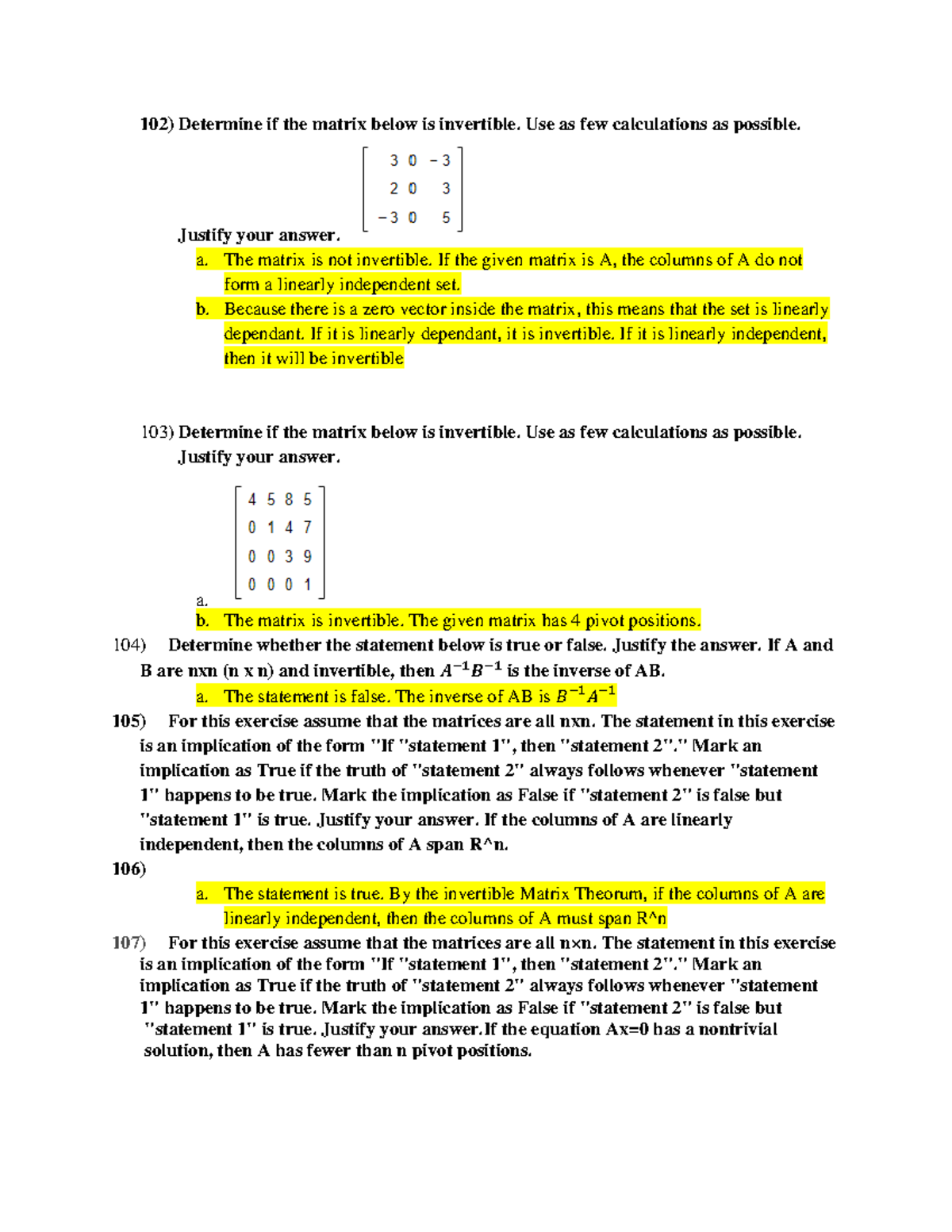 Word Questions 36-36 - Determine if the matrix below is invertible. Use ...