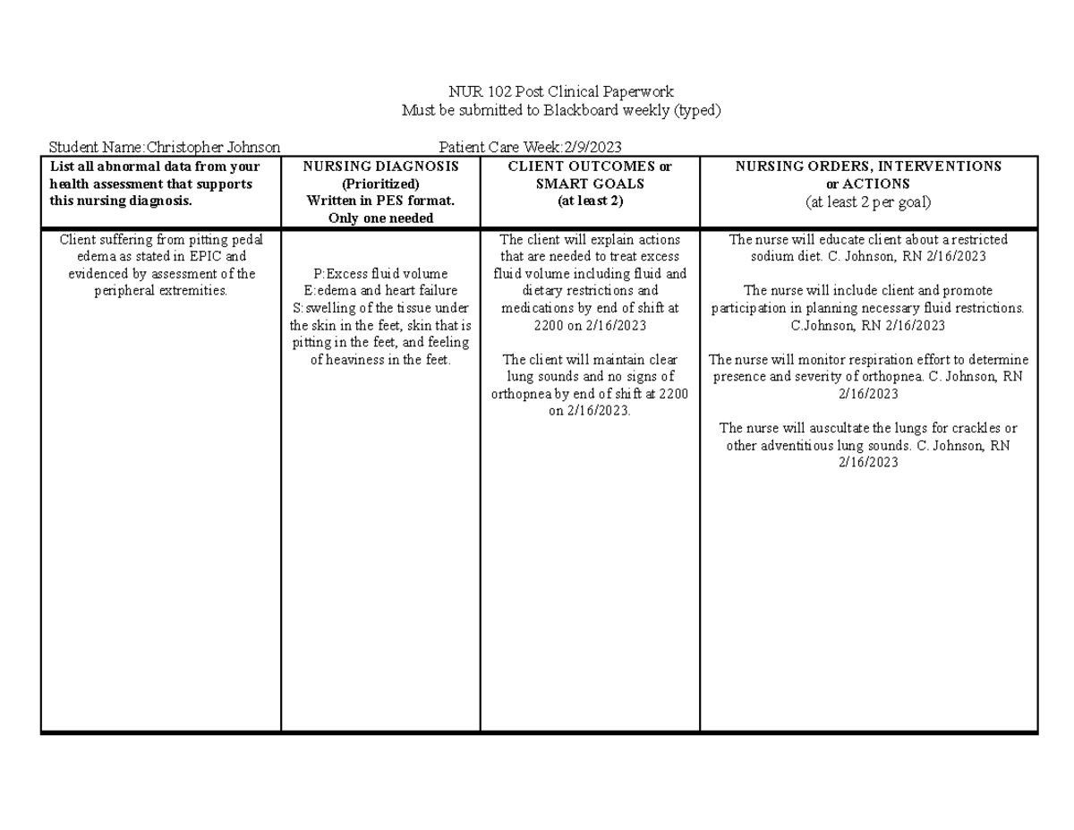 Care plan 2 16 2023 - practice - NUR 102 Post Clinical Paperwork Must ...