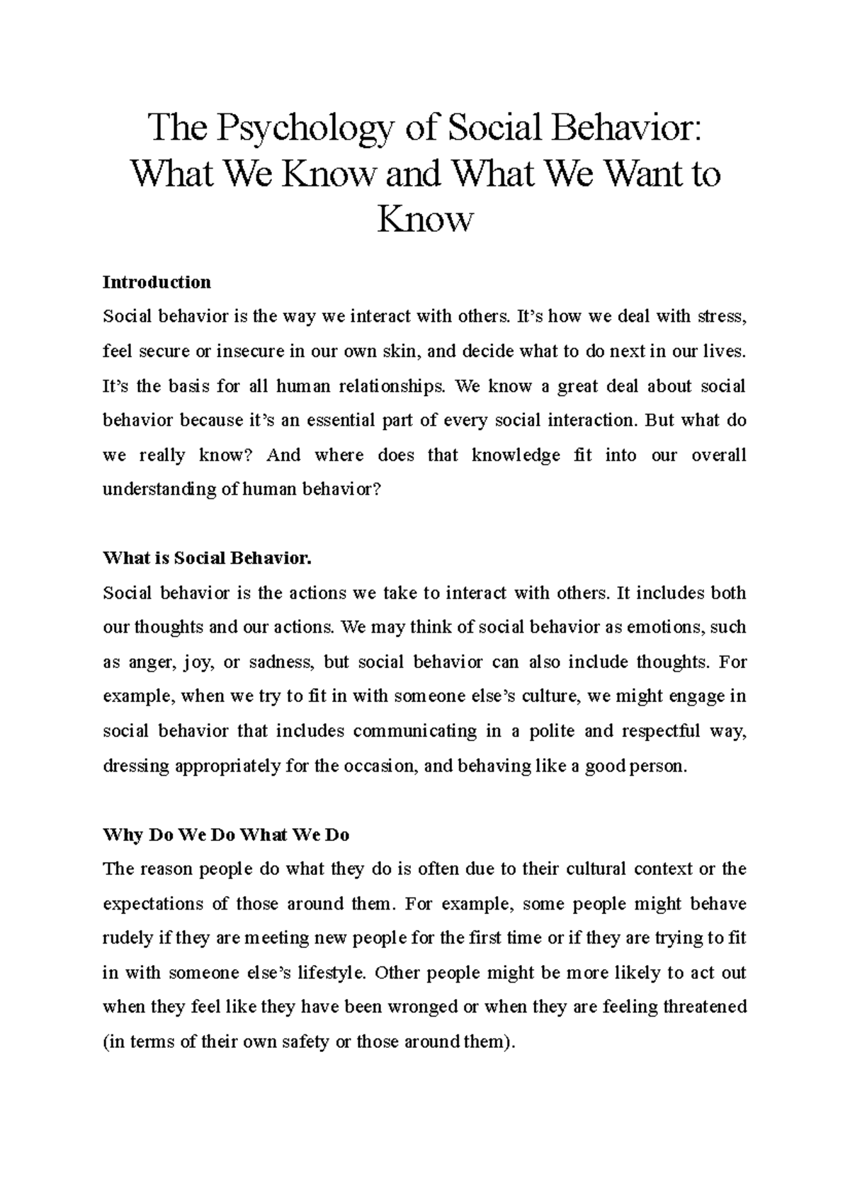 The Psychology of Social Behavior: What We Know and What We Want to ...