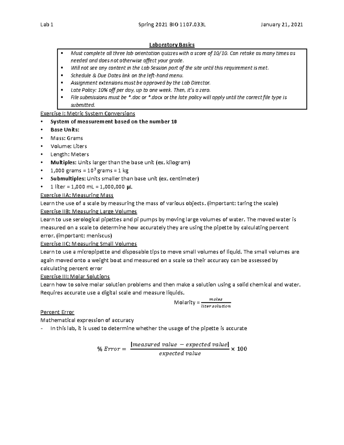 Lab 1 (Jan 21) - notes - Lab 1 Spring 2021 BIO 1107 January 21, 2021 ...