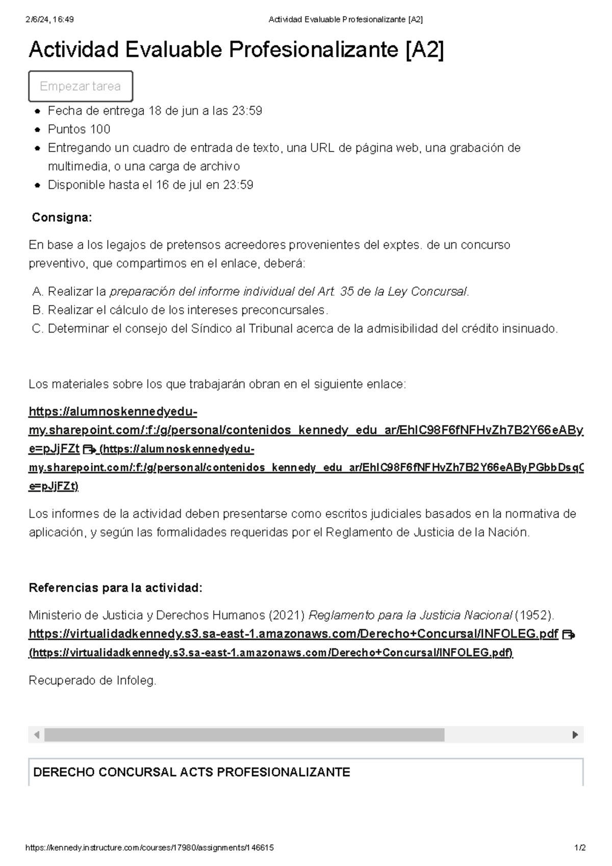 Actividad Evaluable Profesionalizante [A2] derecho concursal profe - Actividad Evaluable - Studocu