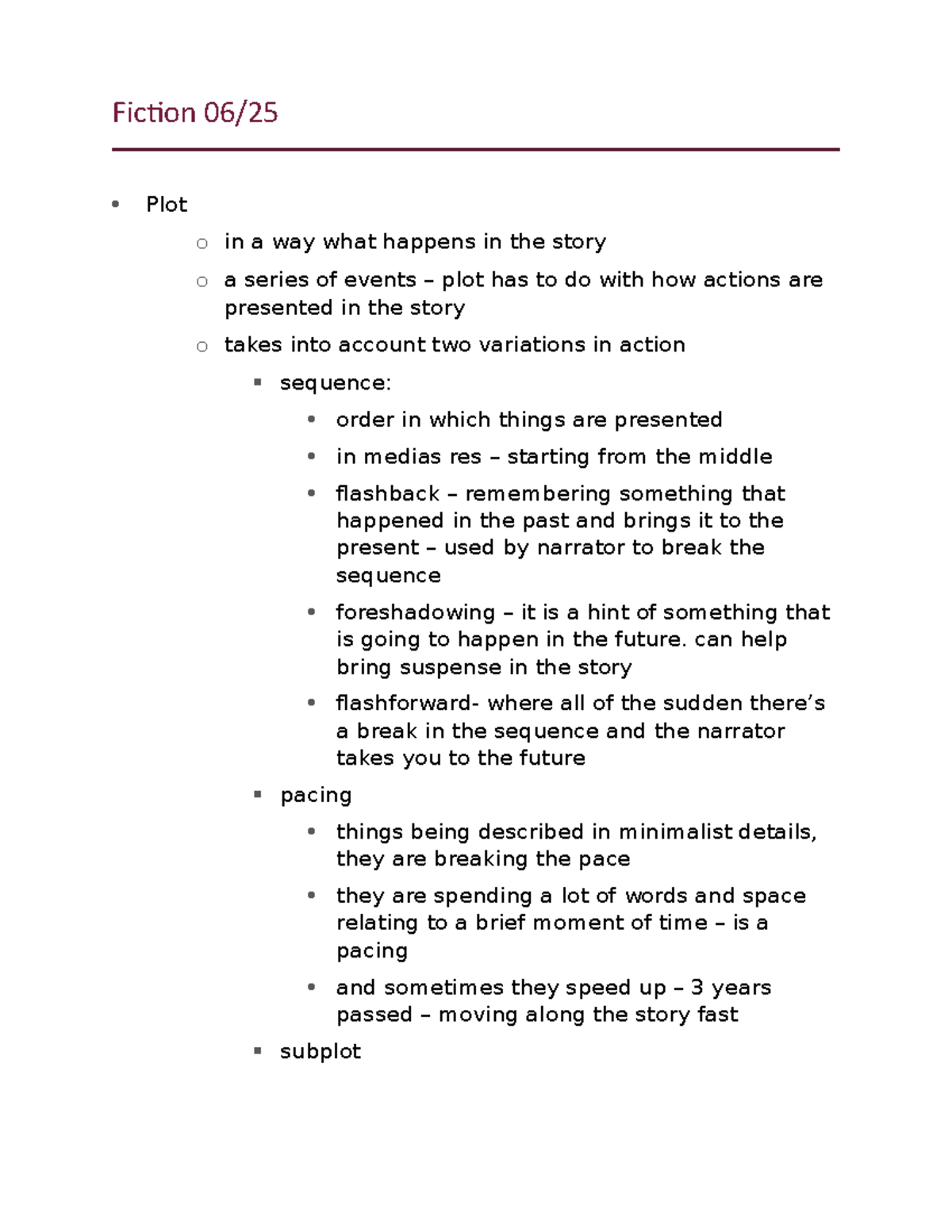 Interpretation of Fiction Notes 1 - Fiction 06/ Plot o in a way what ...