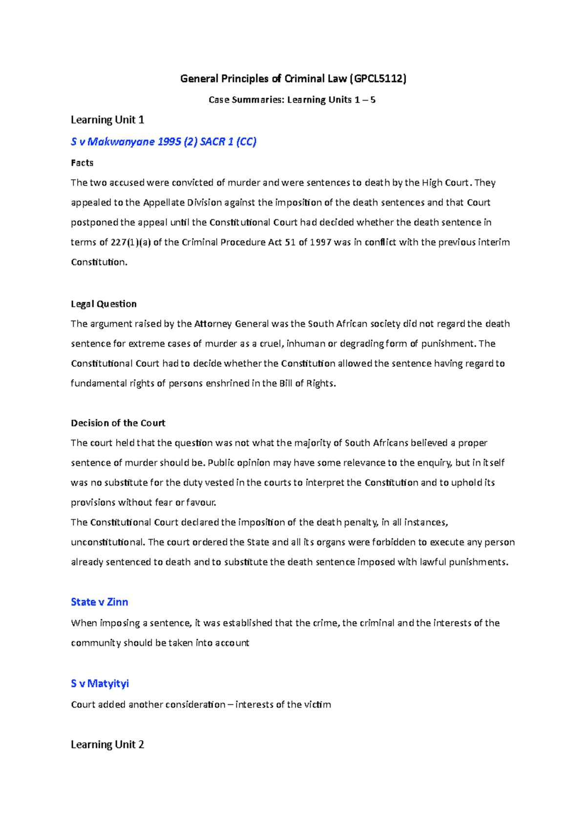 Case law LU 1-5 - Study Notes - General Principles of Criminal Law ...