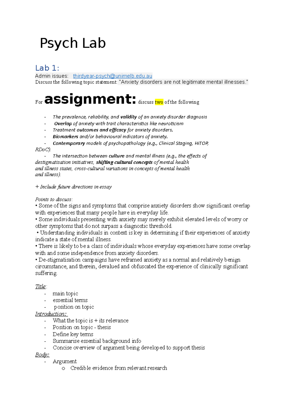 Psych Lab - Tutorial - information in addition to lecture discussion ...