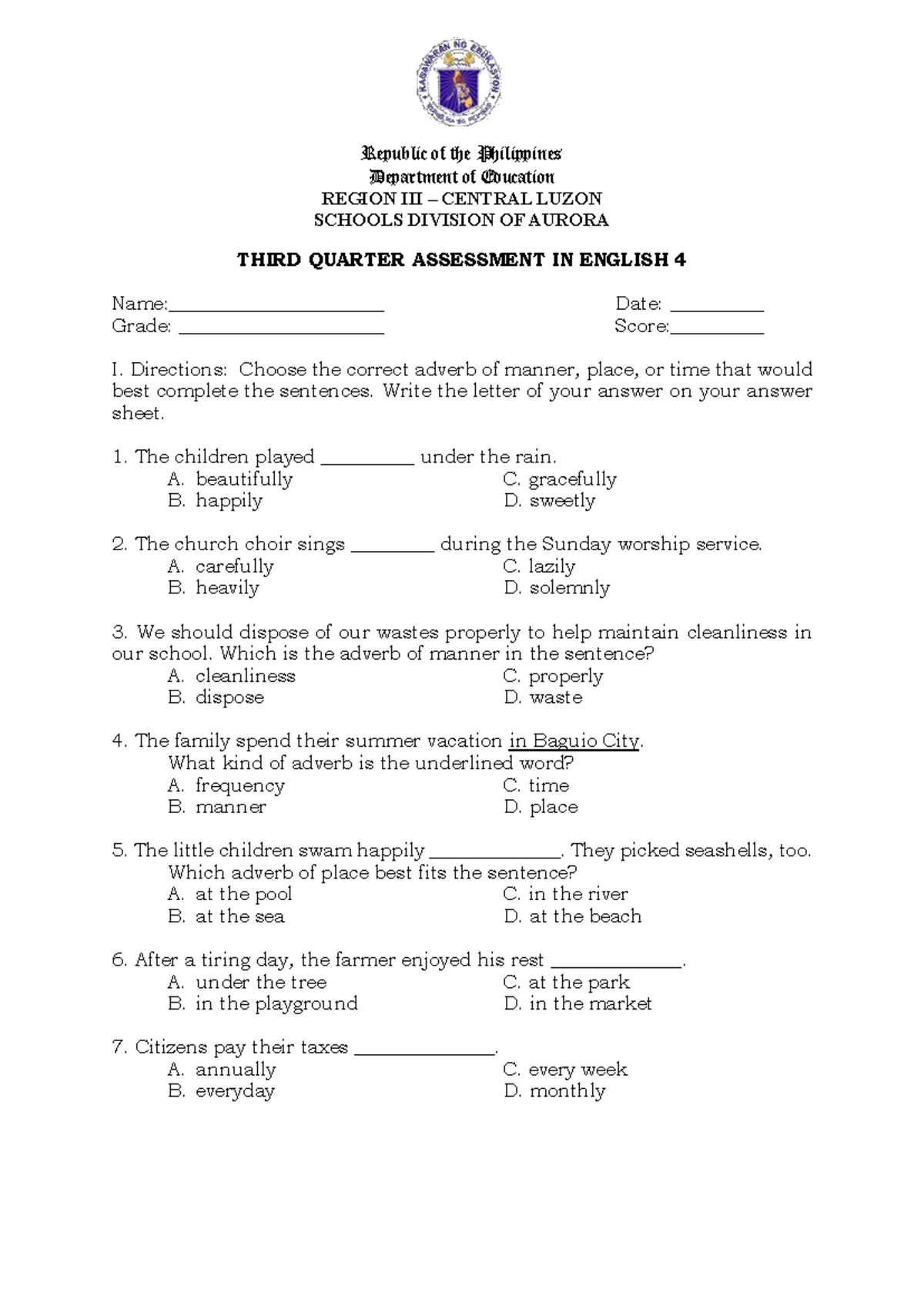 English 4 Q3 Assessment TOOL Hulipas Valdez 2024 - Department of ...