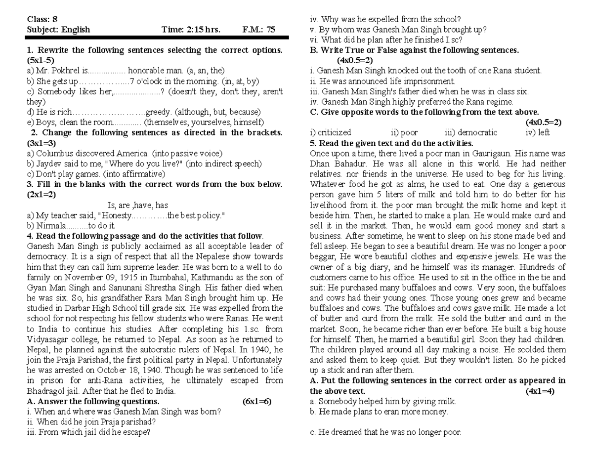 Samjhana Kc - Report - Class: 8 Subject: English Time: 2:15 hrs. F.: 75 ...