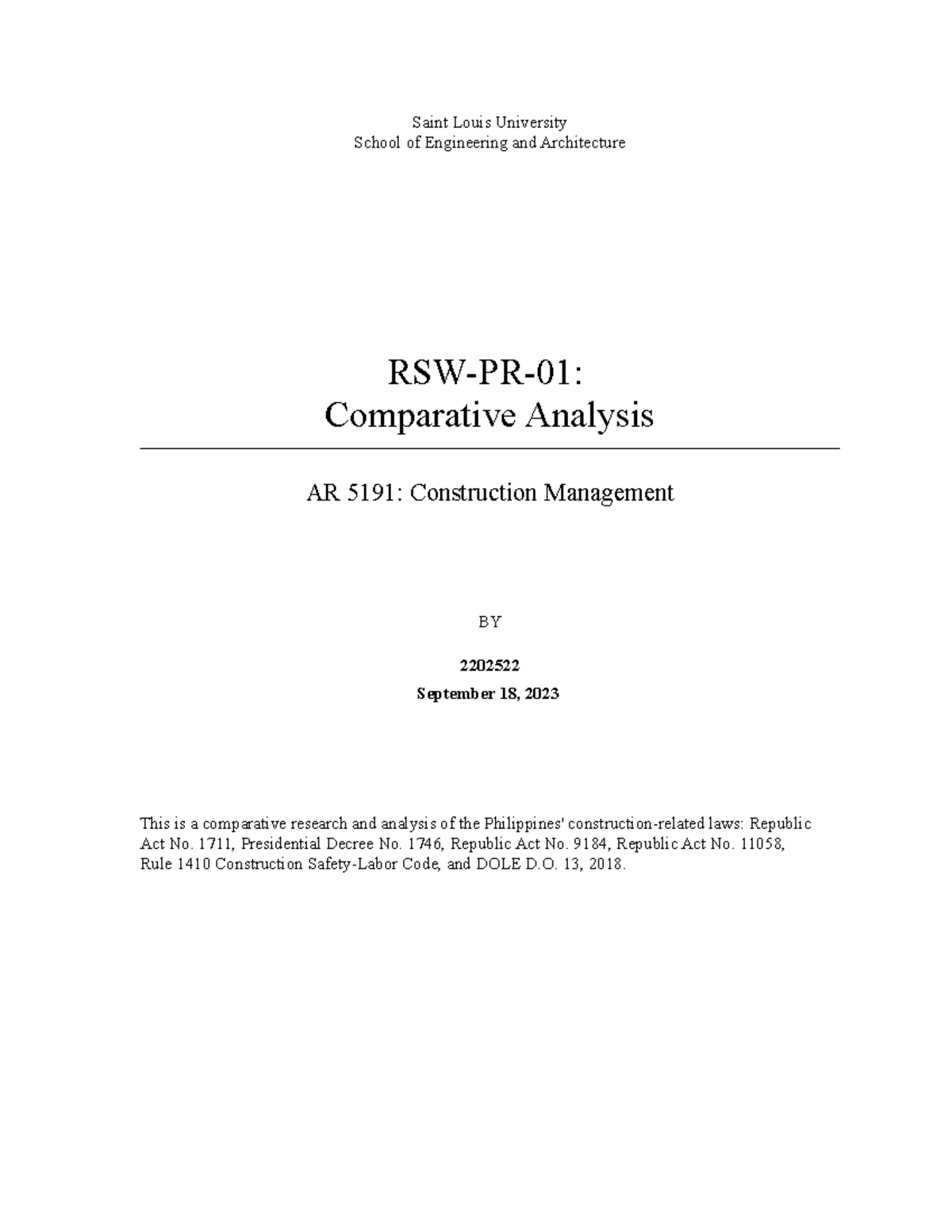 Specs LAWS - Saint Louis University School of Engineering and Architecture RSW-PR-01 ...