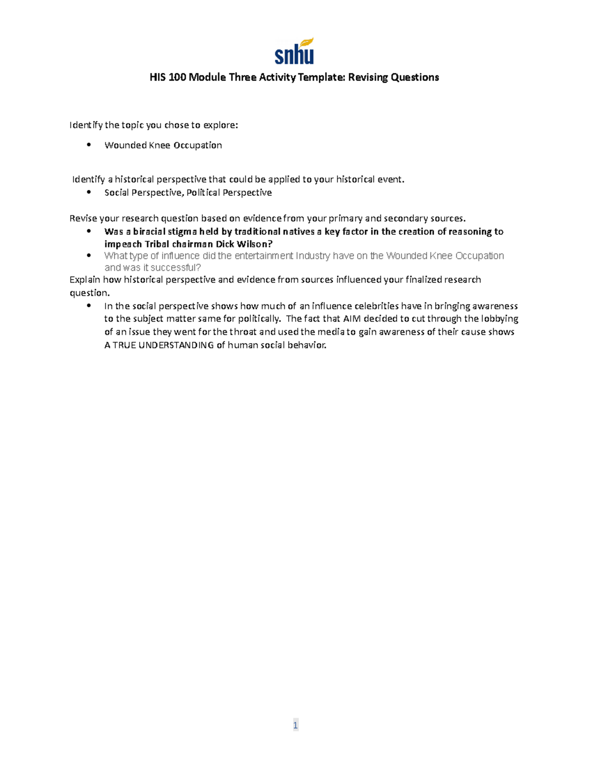 HIS 100 Module Three Activity Revising Questions DONE - HIS100 - SNHU ...