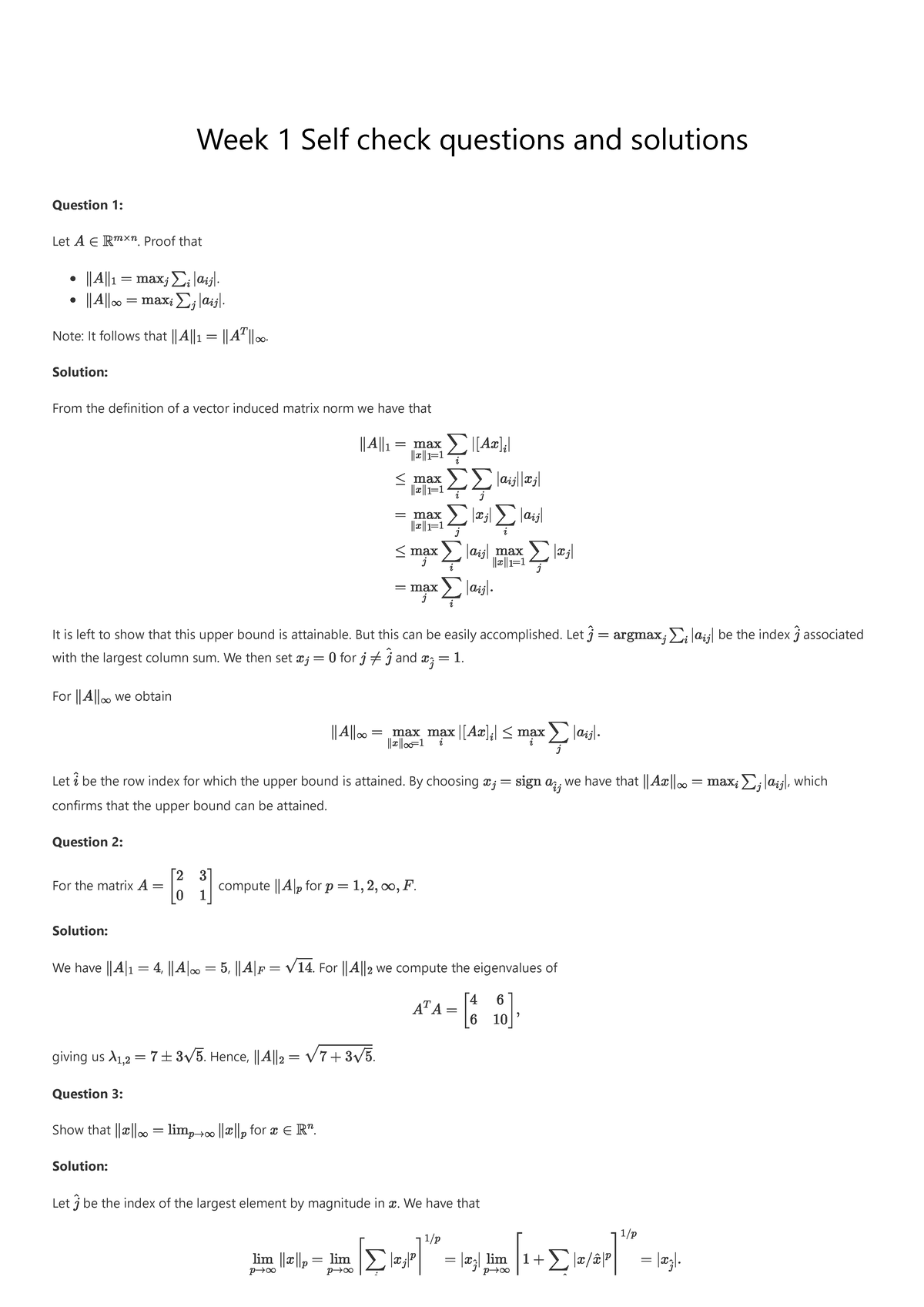 Week 1 - homework week 1 - Week 1 Self check questions and solutions Question 1: Let. Proof that ...