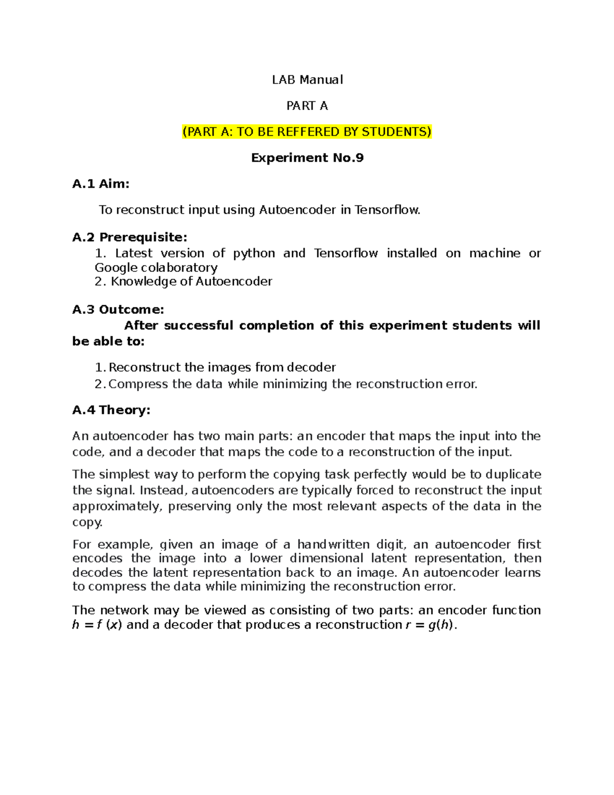 Experiment 9 N013 - Practical Material - LAB Manual PART A (PART A: TO BE REFFERED BY STUDENTS ...