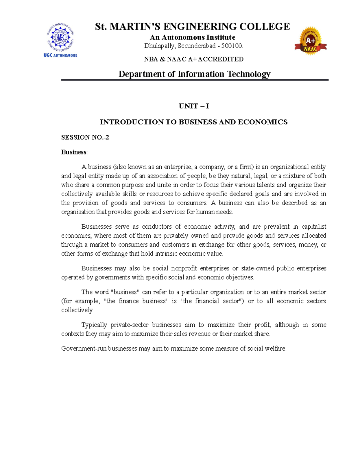 BEFA UNIT I - Notes - St. MARTIN’S ENGINEERING COLLEGE An Autonomous ...