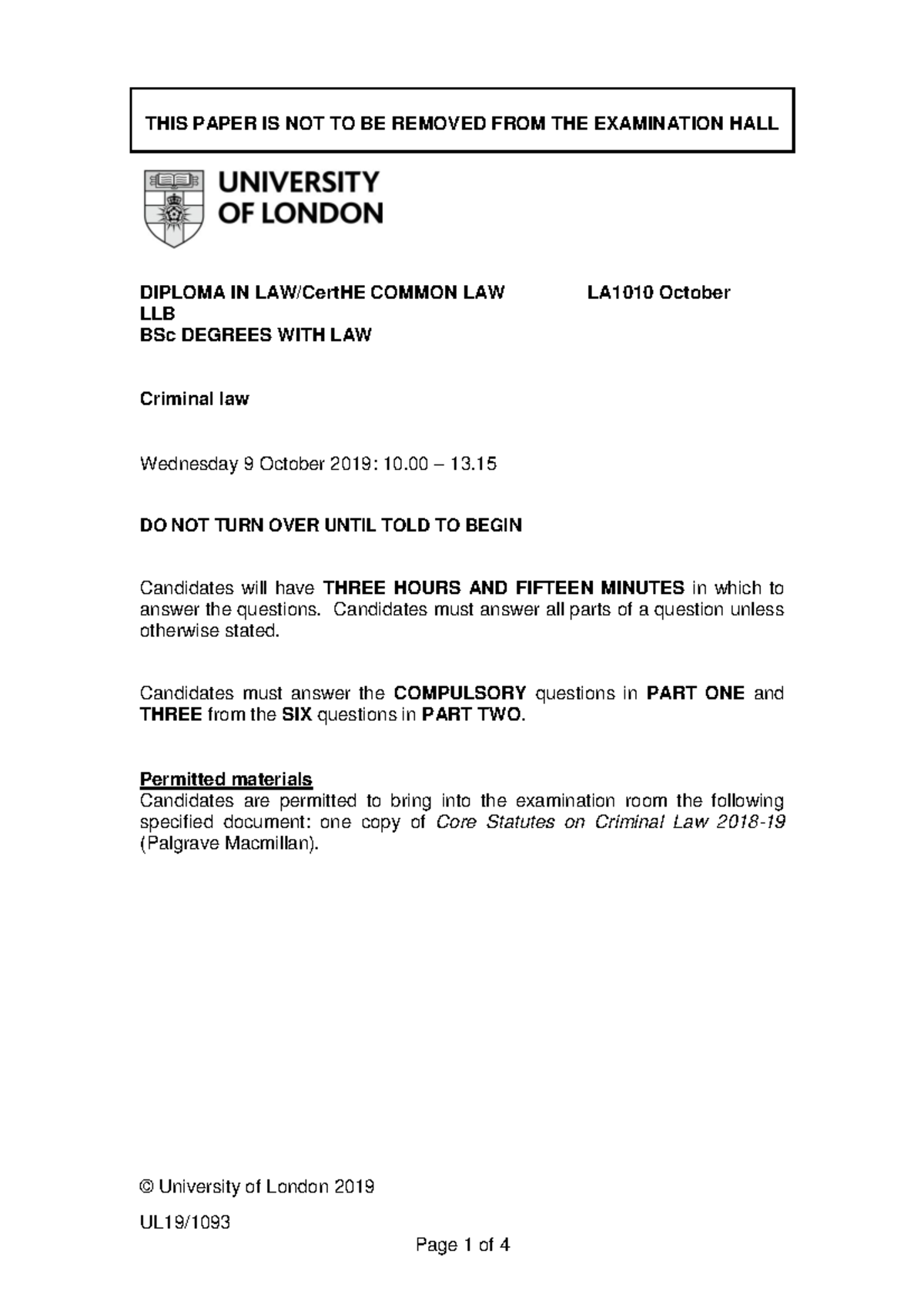 Criminal exam 2019 Oct AB - UL19/ THIS PAPER IS NOT TO BE REMOVED FROM ...