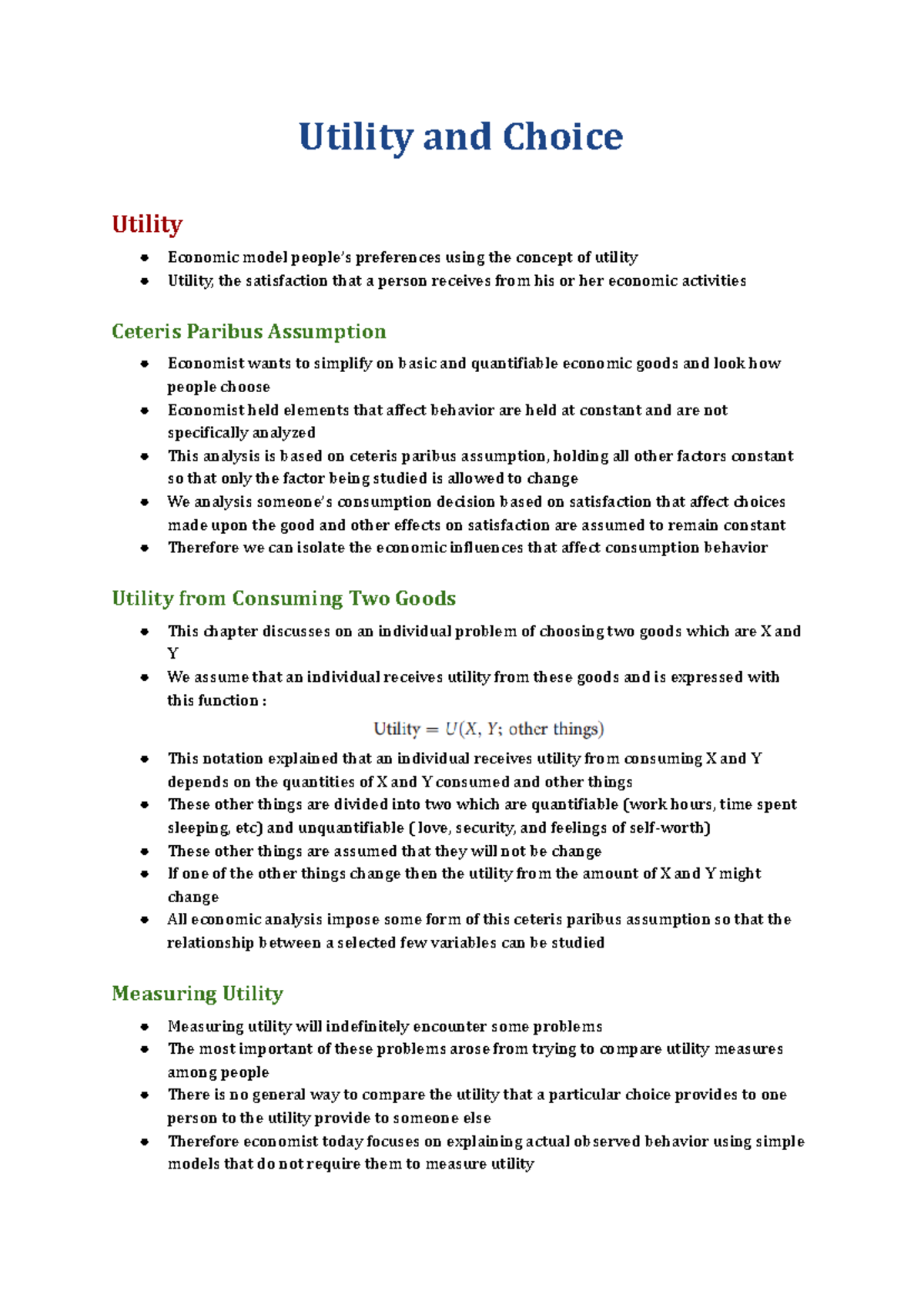Utility and Choice - Utility and Choice Utility Economic model people’s preferences using the ...