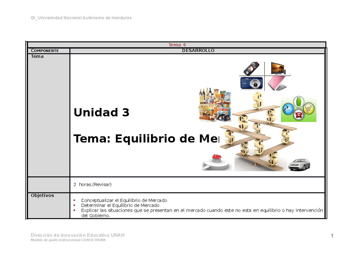 U3 T4 Equilibrio de Mercado - Tema 4 COMPONENTE DESARROLLO Tema Unidad 3 Tema: Equilibrio de ...