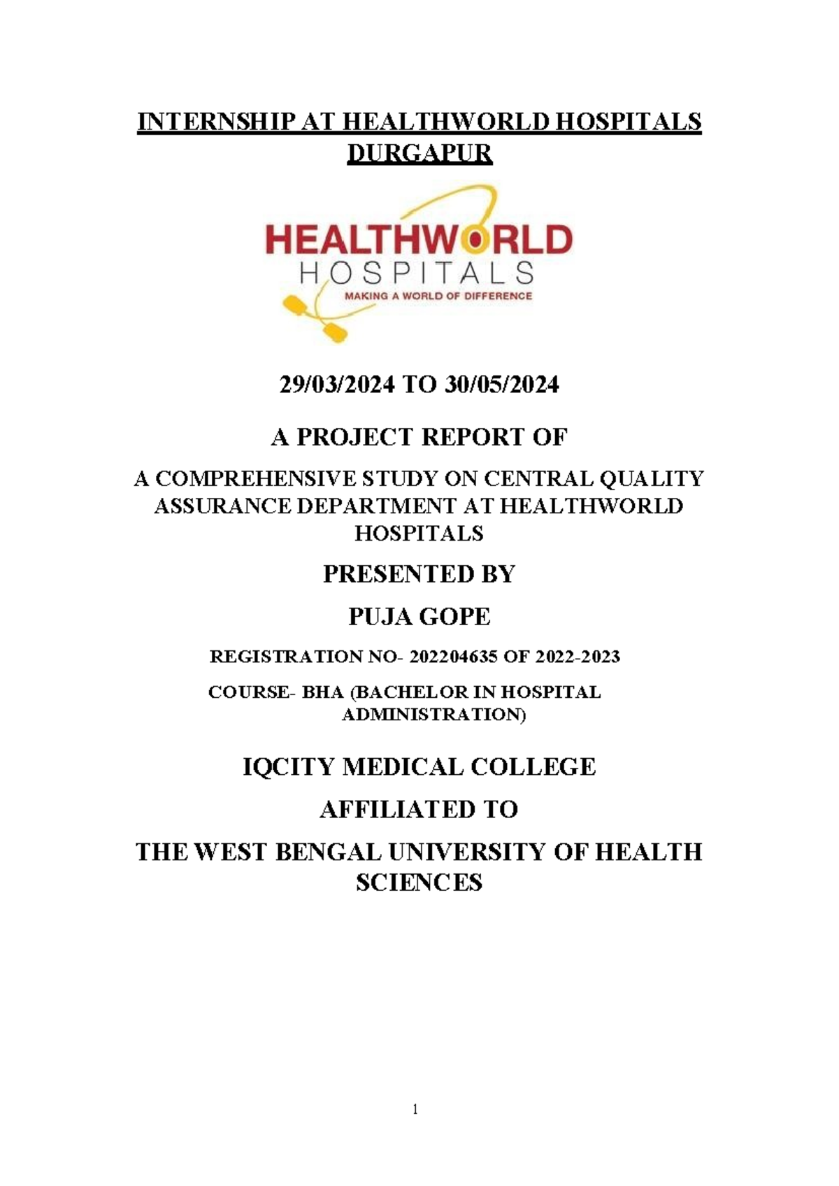 IP Project OF Healthworld Hospital-2 - INTERNSHIP AT HEALTHWORLD ...