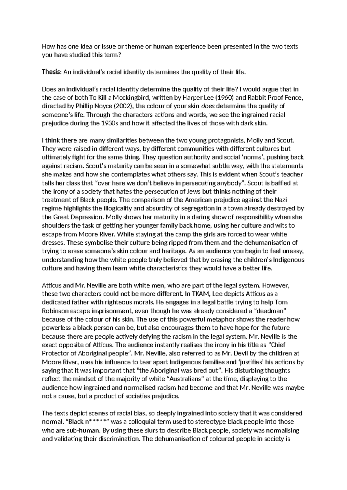 Comparison between To Kill A Mockingbird and RPF - How has one idea or ...