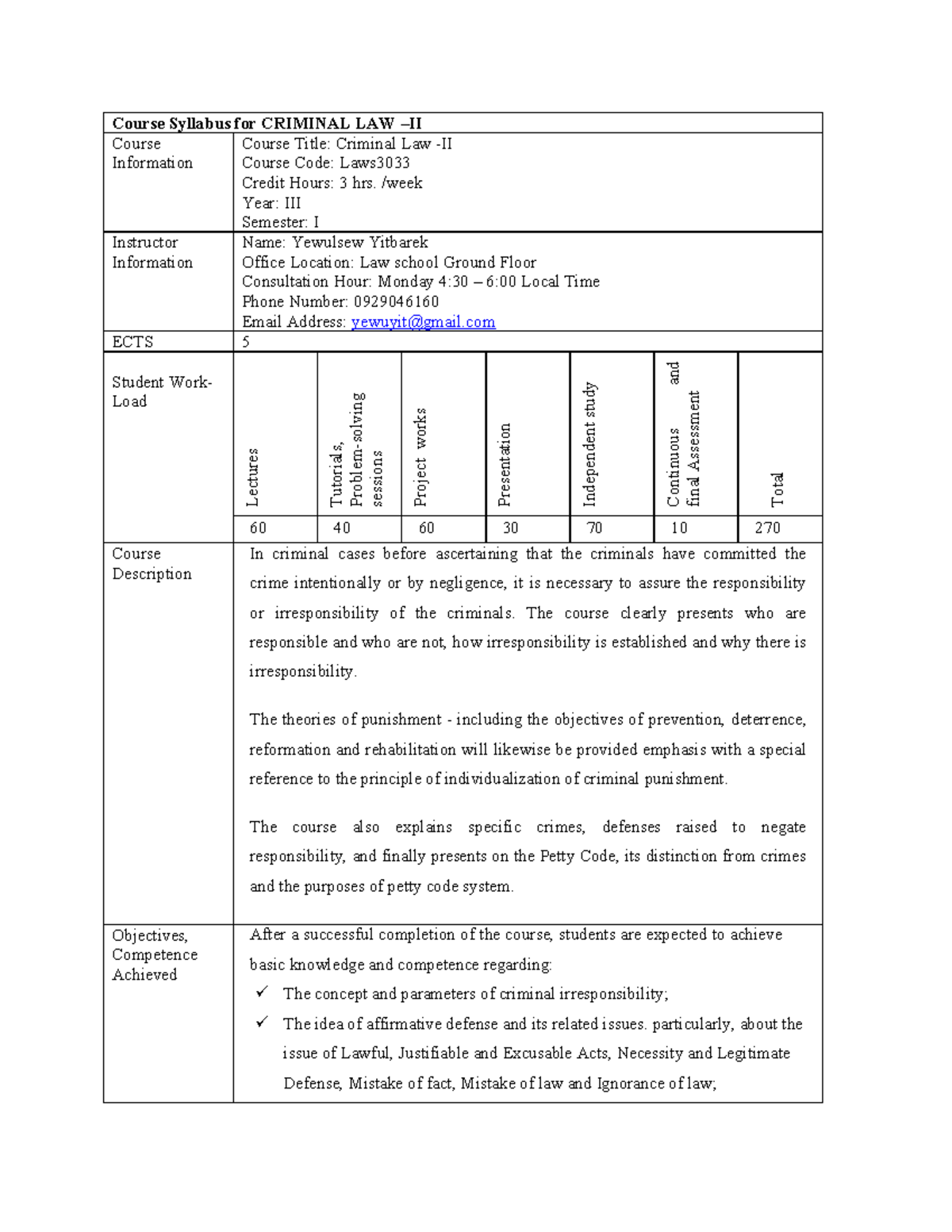 Course Outline For Criminal Law Ii Course Syllabus For Criminal Law Ii Course Information