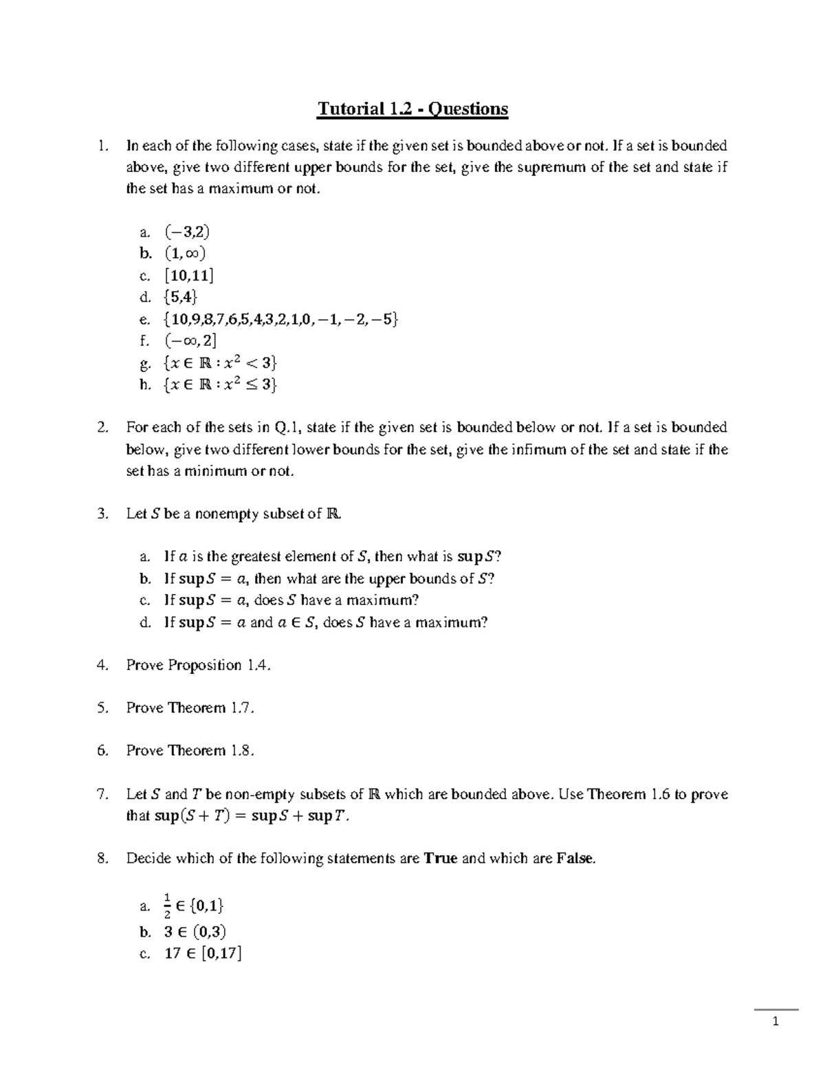 Tutorial 1.2 - Questions - 1 Tutorial 1 - Questions In each of the ...