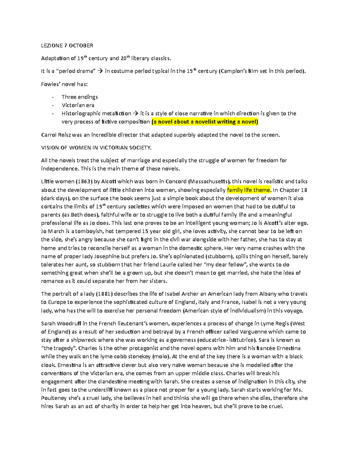 Cinema IN English Appunti - LEZIONE 7 OCTOBER Adaptation of 19th ...