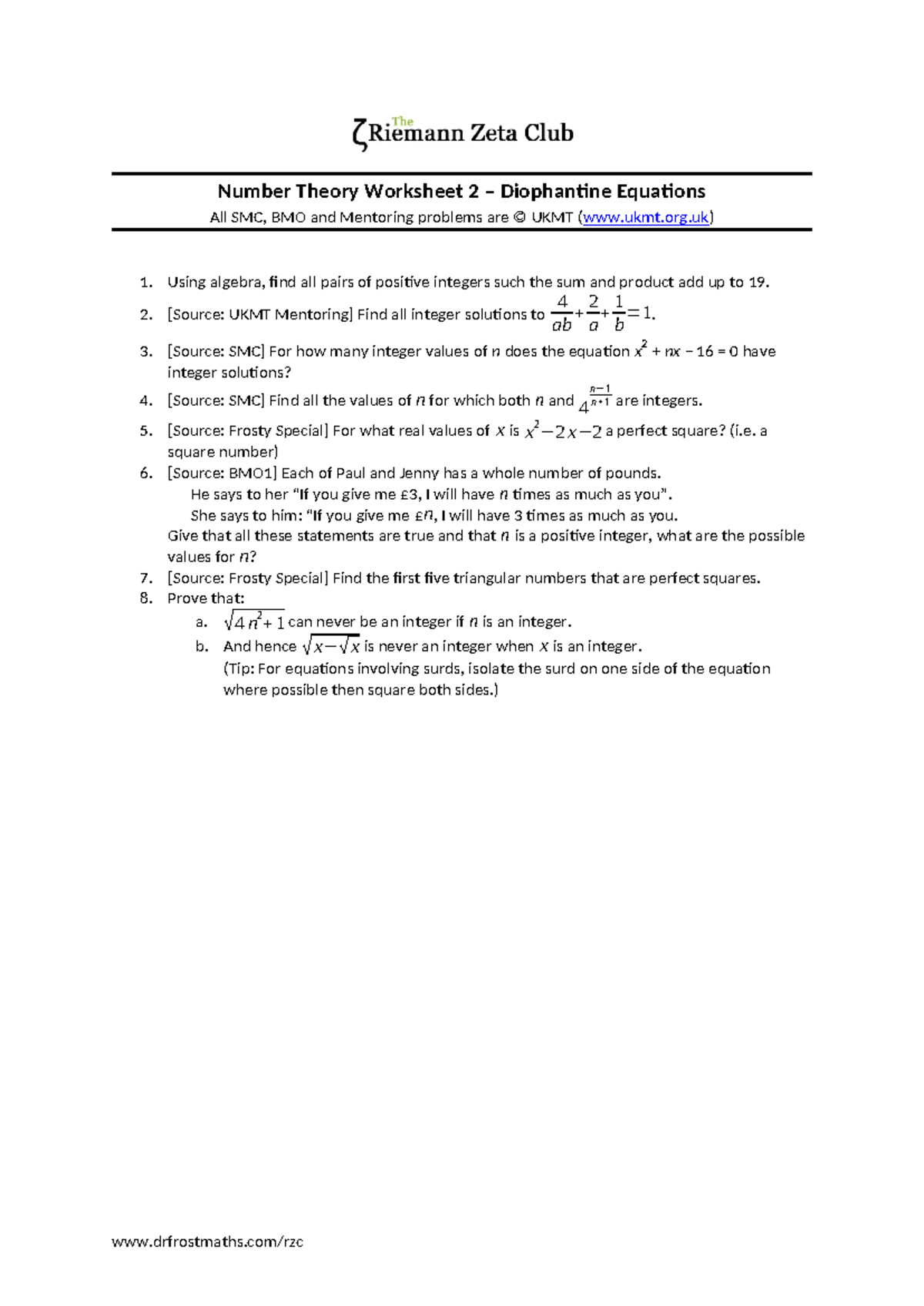 RZC-Number Theory-Worksheet 2 - Number Theory Worksheet 2 – Diophantine ...