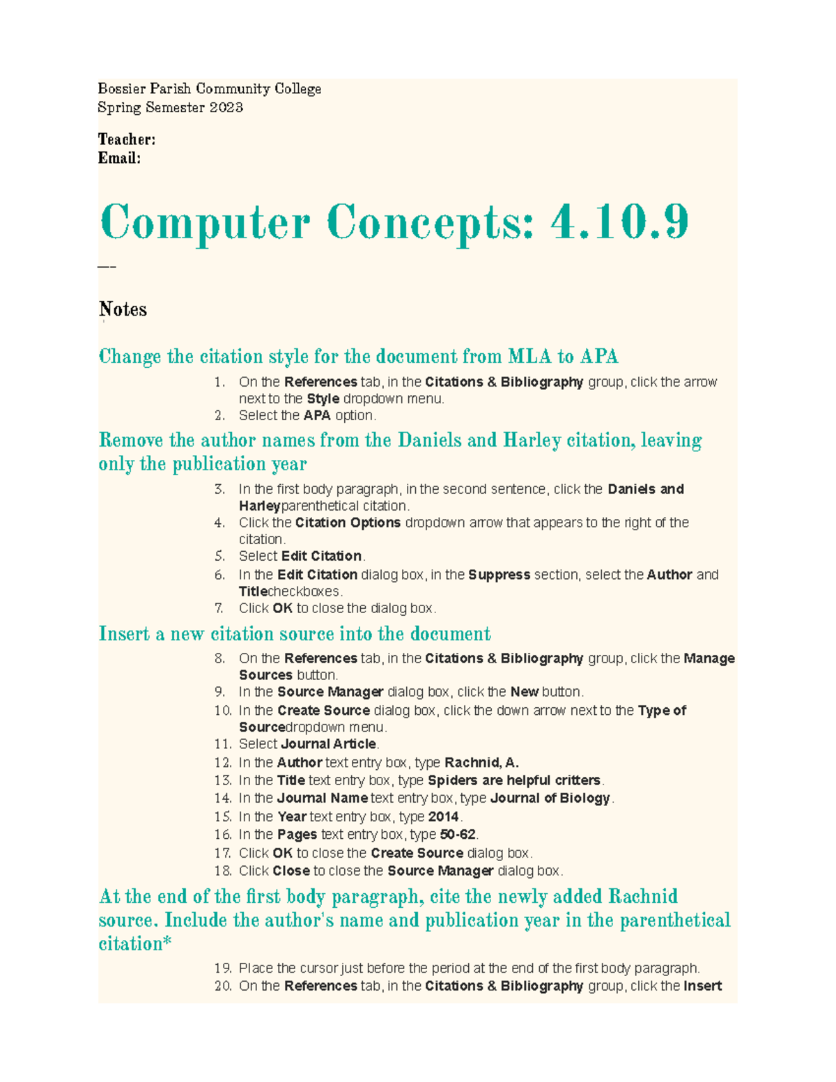 Computer Concepts 4.10.9 - Bossier Parish Community College Spring Semester 2023 Teacher: Email ...