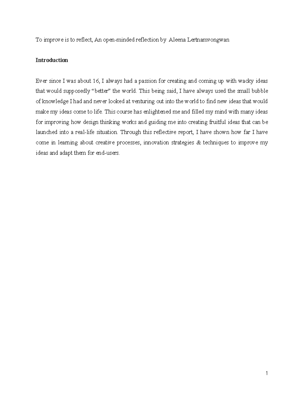 Creativity, Innovation & Design thinking Assignment 3 Reflective Paper ...