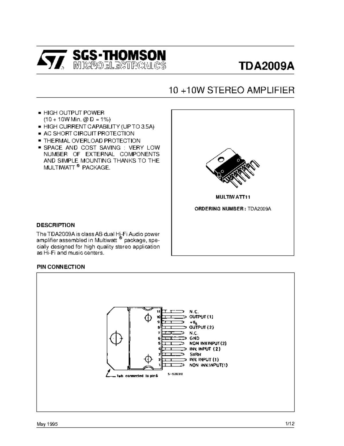 TDA2009 A - 10 +10W STEREO AMPLIFIER May 1995 PIN CONNECTION MULTIW ATT ...
