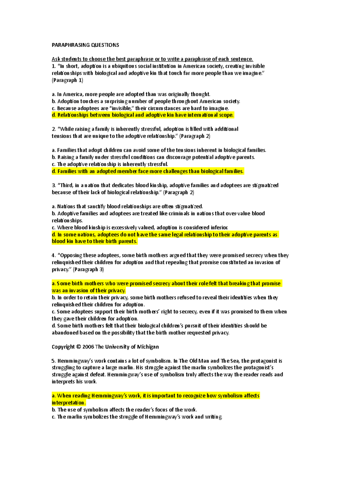 Paraphrasing AND Summarizing Exercises - PARAPHRASING QUESTIONS Ask ...