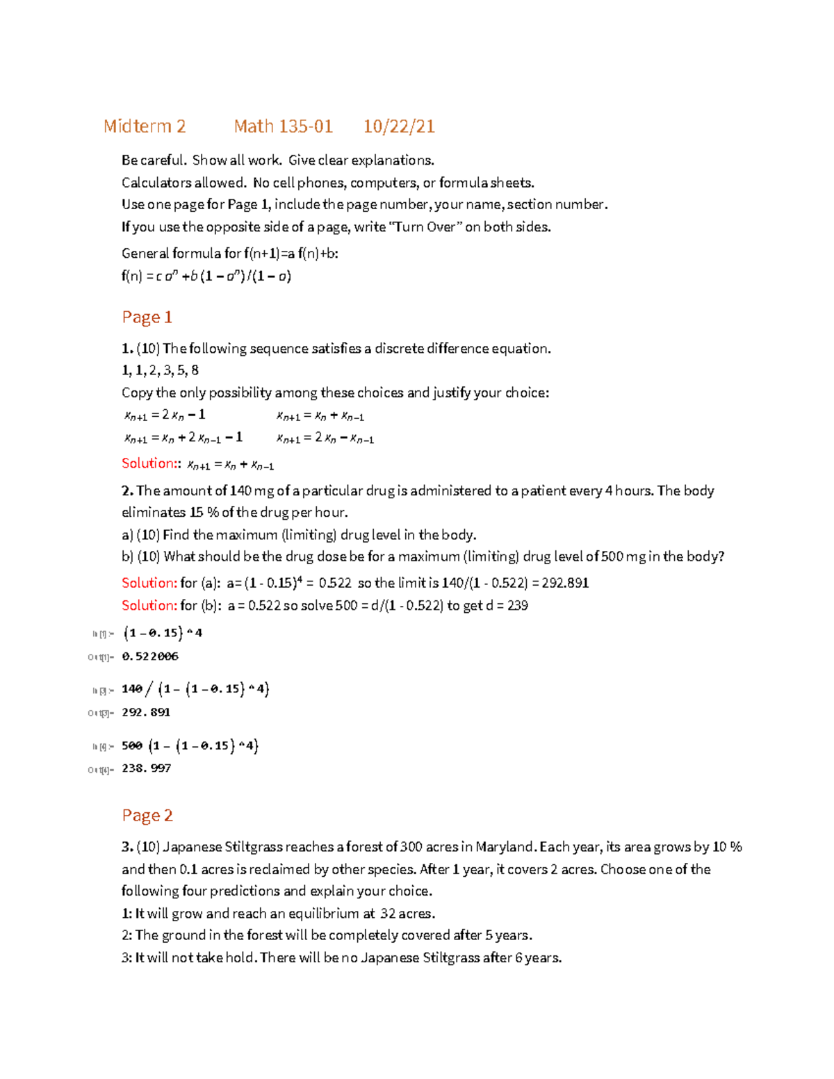 Midterm 2 Solutions - Midterm 2 Math 135-01 10/22/ Be careful. Show all work. Give clear - Studocu