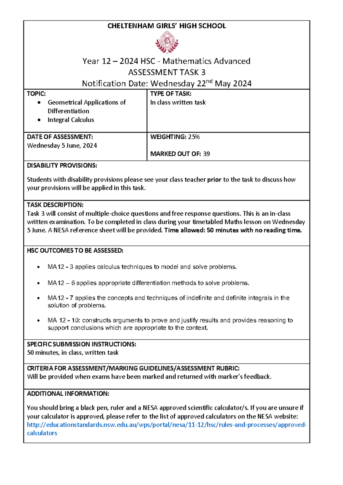 Year 12 2024 Assessment Task 3 Notification - CHELTENHAM GIRLS’ HIGH ...
