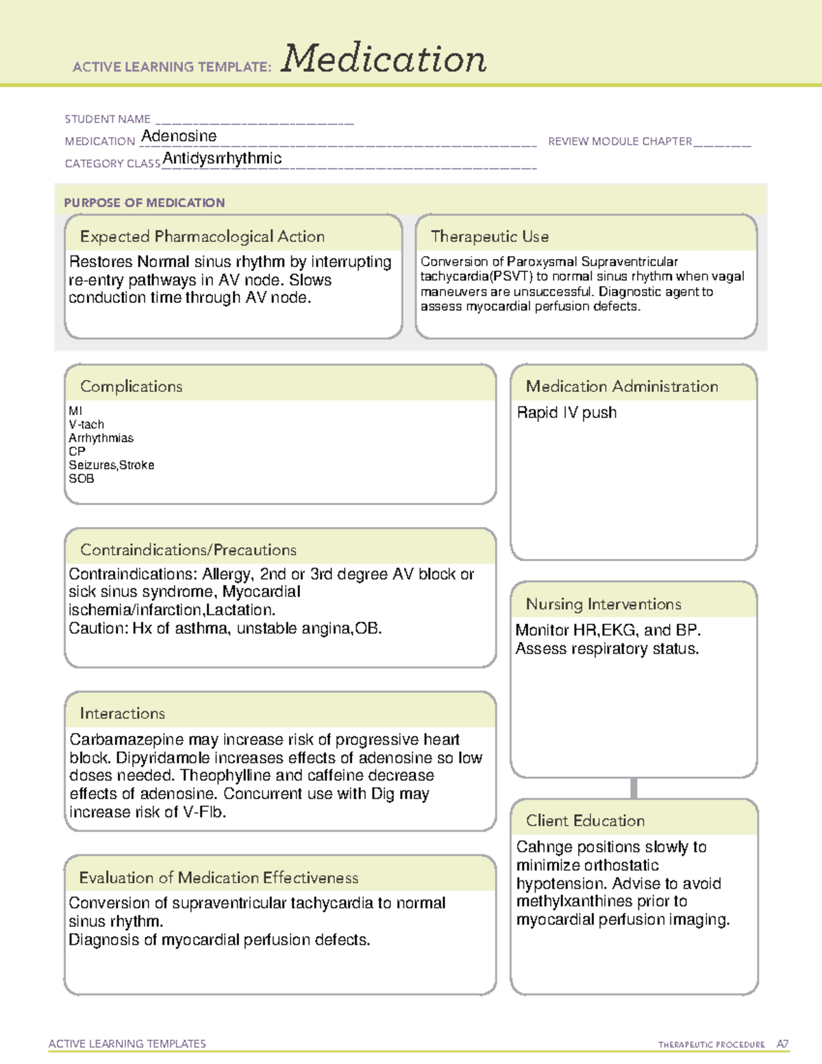 Adenosine - You will be asked to make an ASK binder for Pharm, use ...