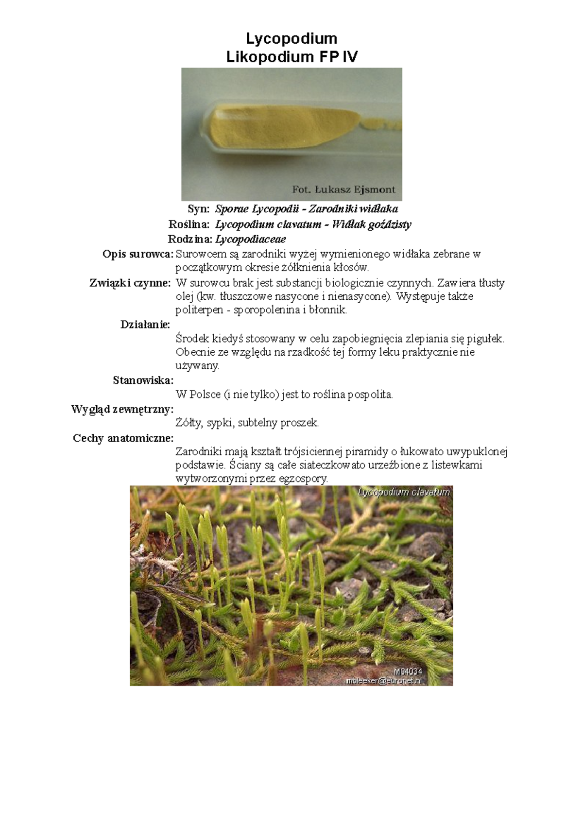 Lycopodium - notatki - Lycopodium Likopodium FP IV Syn: Sporae ...