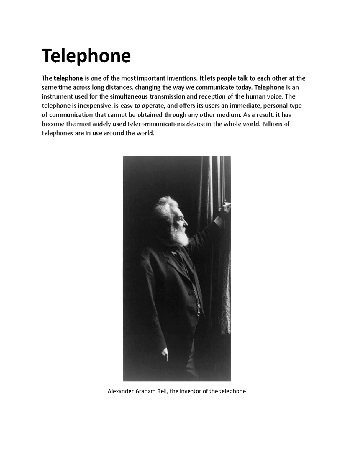 Telephone - Assignment - Telephone The telephone is one of the most ...