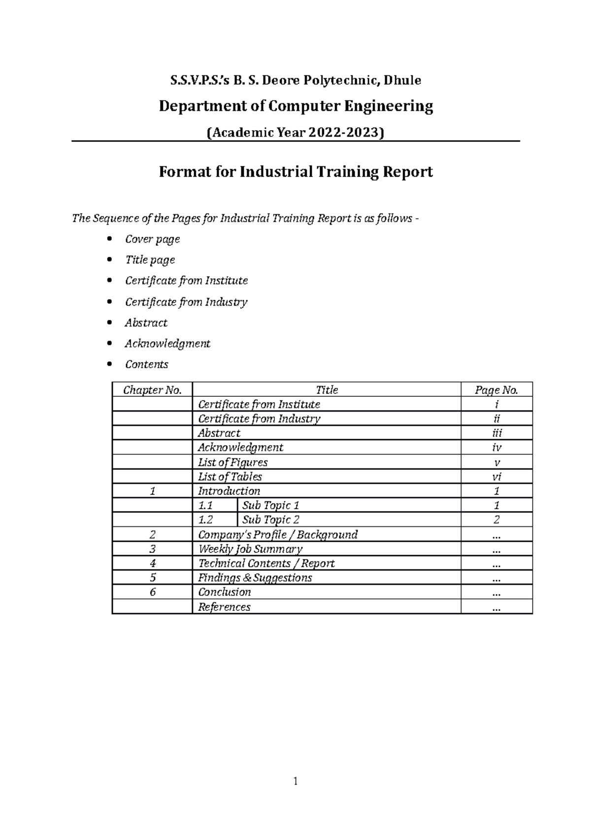 Format of Industrial Training Report - S.S.V.P.’s B. S. Deore ...