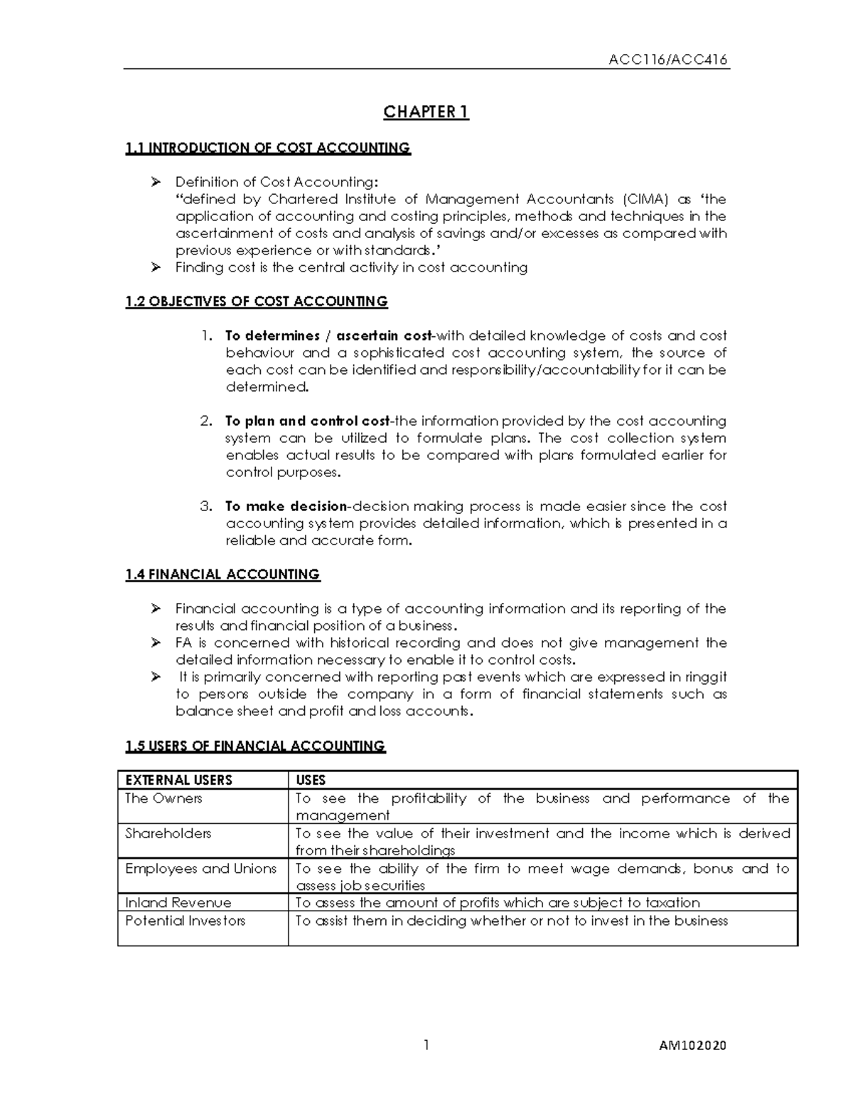 Chapter 1 Intro - CHAPTER 1 1 INTRODUCTION OF COST ACCOUNTING Definition of Cost Accounting ...