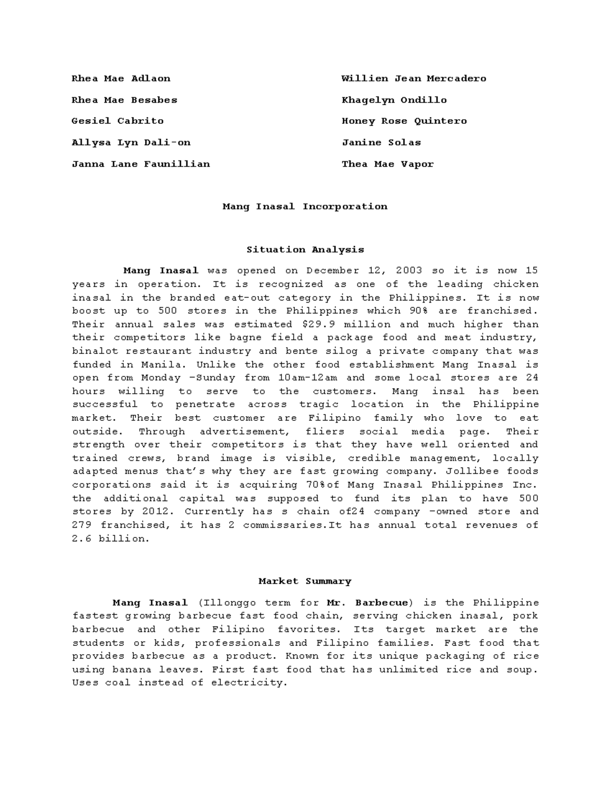 Market-Summary - Marketing Plan Sample - Rhea Mae Adlaon Willien Jean ...