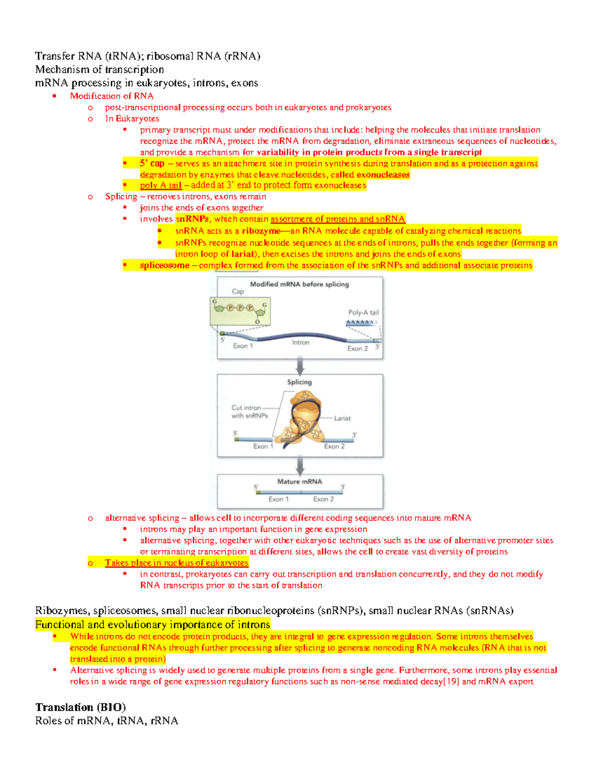 Lecture notes detailed content 9-9 - Transfer RNA (tRNA); ribosomal RNA ...