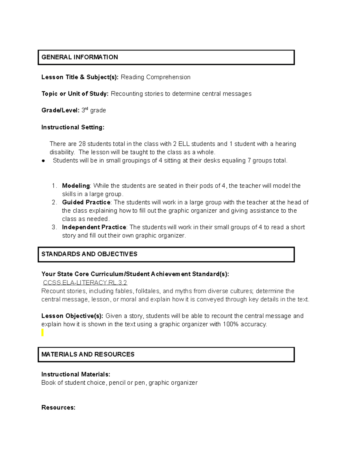 Reading Lesson Plan - GENERAL INFORMATION Lesson Title & Subject(s ...