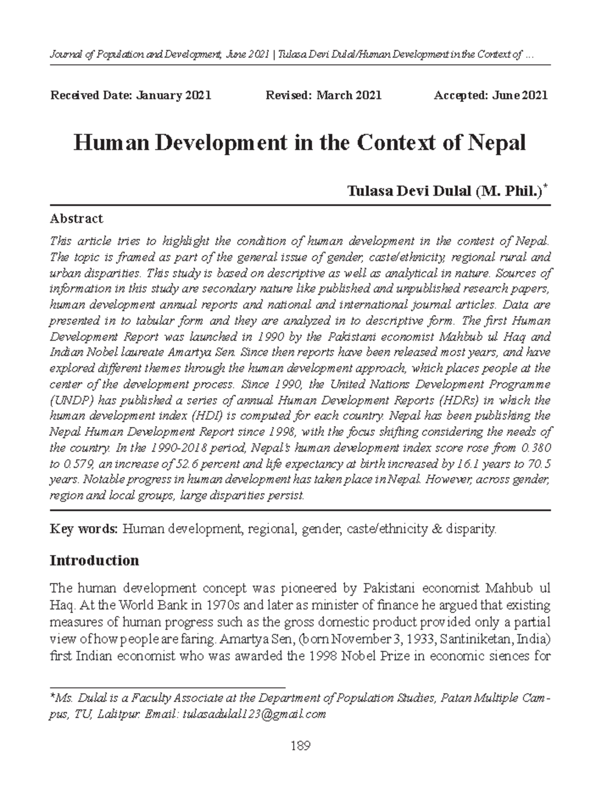 Human Development in the Context of Nepa - Received Date: January 2021 ...