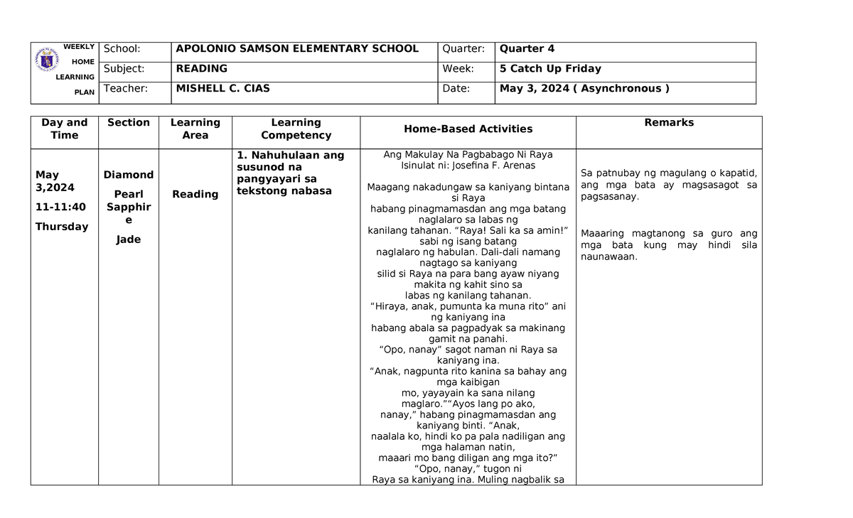 Asynchronous-LP Filipino 5 - WEEKLY HOME LEARNING PLAN School: APOLONIO ...