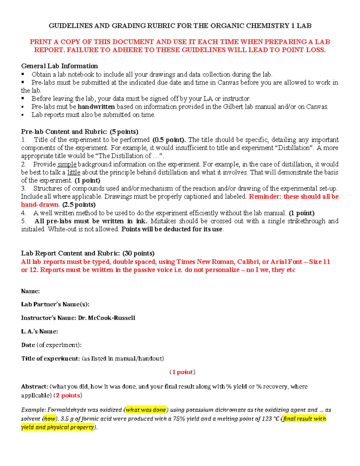 Lab Report Gudelines - CHEM2400 - GUIDELINES AND GRADING RUBRIC FOR THE ...